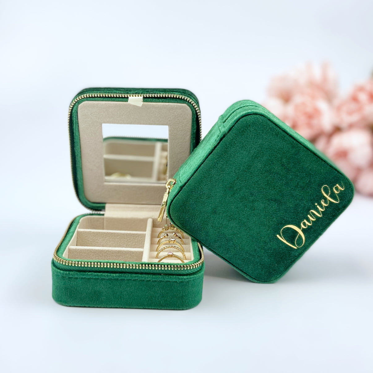 Personalised Velvet Jewellery box - Emerald Green – ellanoralondon